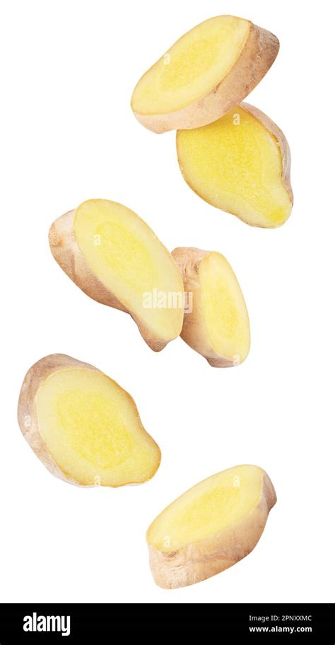 Isisolated Ginger Pieces In The Air Raw Ginger Slices Falling Down Isolated On White Background