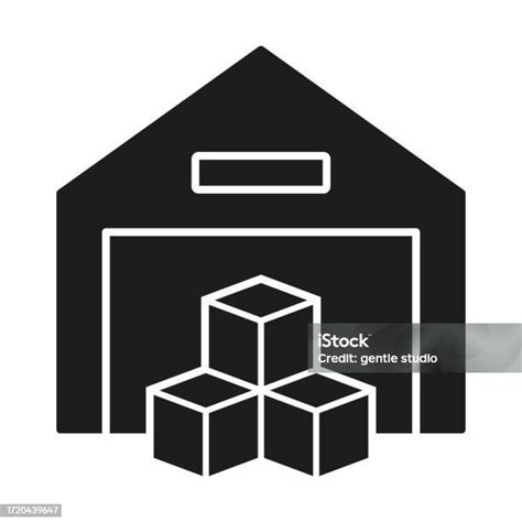 창고 실루엣 아이콘입니다 선적 서비스를 위한 창고 단색 표시입니다 스토리지 건물 글리프 픽토그램 상업 상점 집 기호에 있는 화물 상자 격리된 벡터 그림 건설 산업에 대한