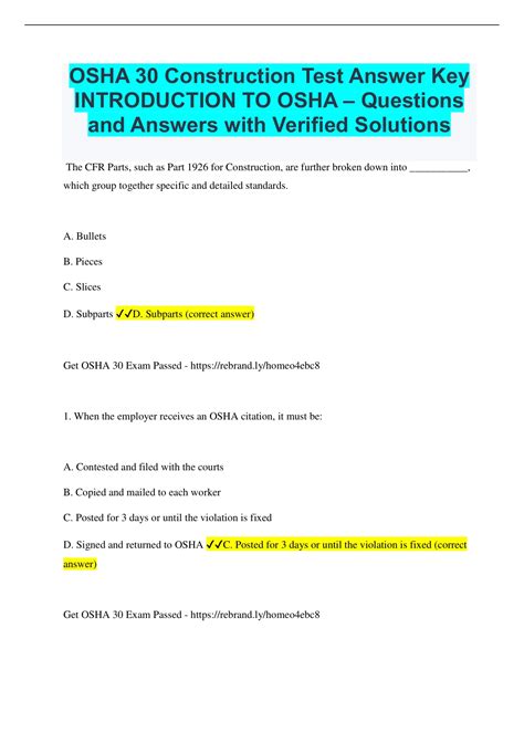 osha 30 construction test answer key introduction to osha questions