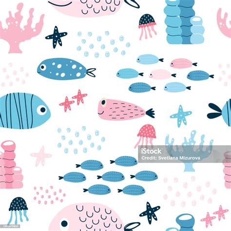 수중 세계 패턴 재미있는 물고기 산호 및 해양 생물 원활한 끝없는 배경 옷 섬유 벽지 베이비 샤워 용 베이비 프린트 벡터 일러스트 레이 션 손으로 그린 바다에 대한 스톡