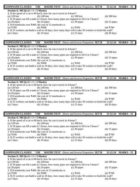 Viii Maths Test Direct And Inverse Proportion Set B 13 12 24 Pdf Speed Physical Quantities