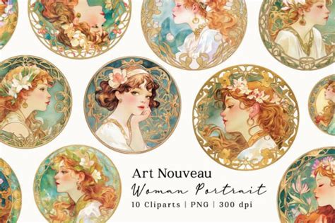 Art Nouveau Woman Watercolor Clipart Png Graphic By Lemonmoon