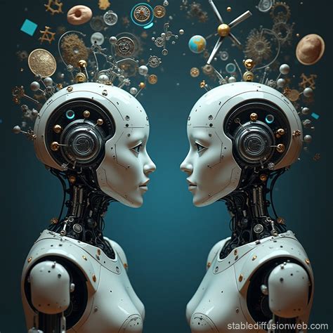 Human And Ai Robot Stand Separated By The Mirror Over The Human Head