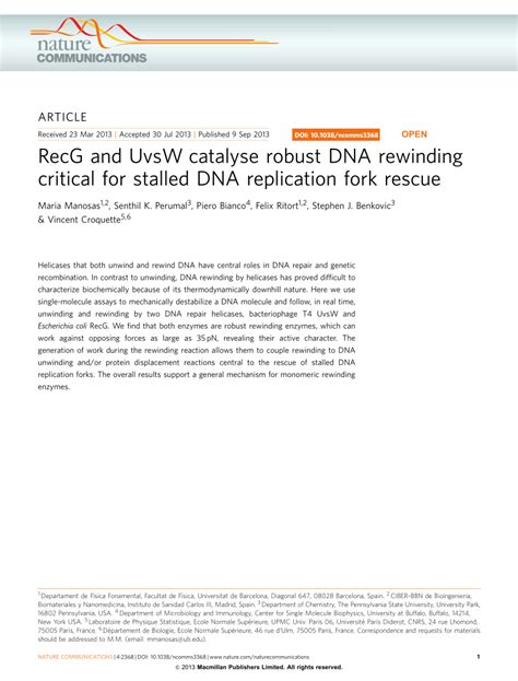 Pdf Recg And Uvsw Catalyse Robust Dna Rewinding Critical For Stalled
