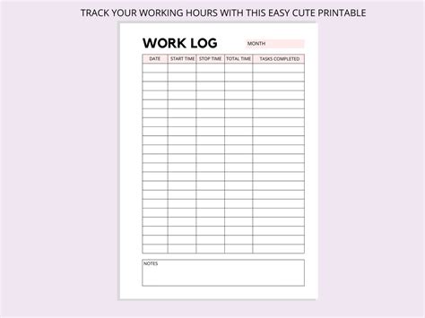 Work Log Printable Time Spent Tracker Time Log Working Hours Work