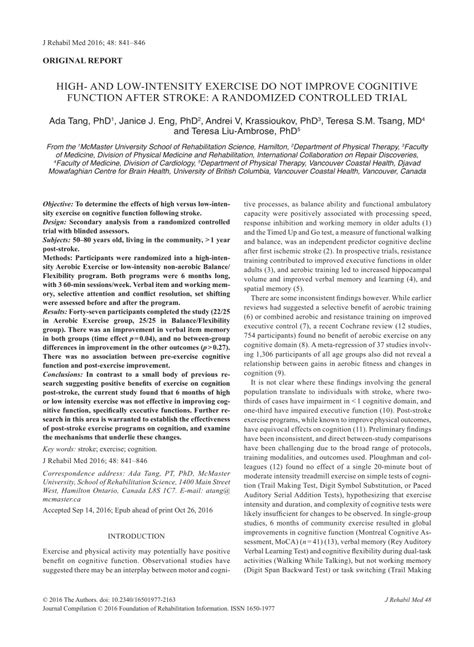 Pdf High And Low Intensity Exercise Do Not Improve Cognitive Function After Stroke A