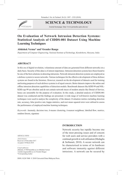 PDF On Evaluation Of Network Intrusion Detection Systems Statistical Analysis Of CIDDS