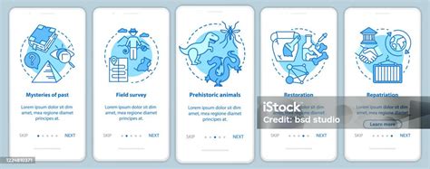 고고학 온보딩 모바일 앱 페이지 화면 벡터 템플릿 과거 연구의 신비 선형 일러스트레이션이 있는 웹 사이트 연습 단계입니다 Ux Ui Gui 스마트폰 인터페이스 컨셉 5에