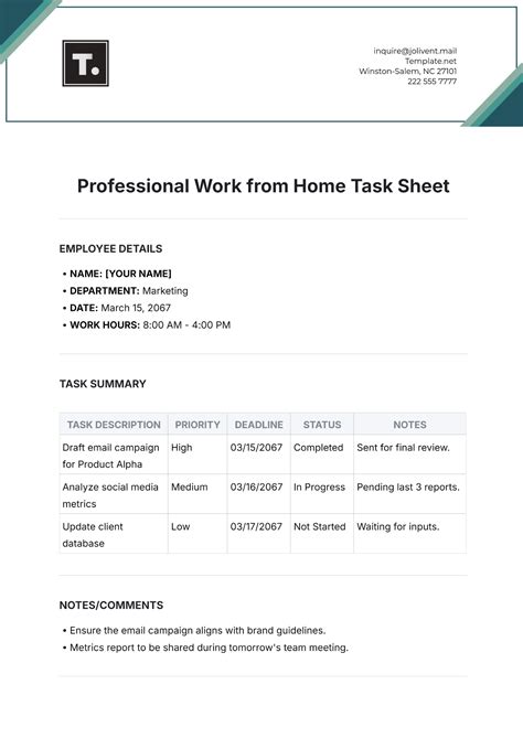 Free Professional Work From Home Task Sheet Template To Edit Online