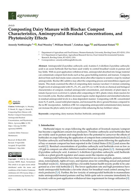 Pdf Composting Dairy Manure With Biochar Compost Characteristics Aminopyralid Residual