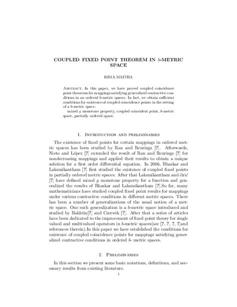 Pdf Coupled Fixed Point Theorem In B Metric Space