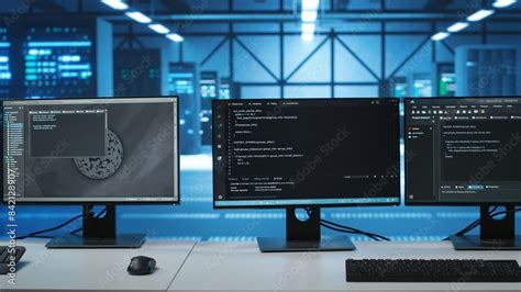 Code Running On Computer Screens In Empty Data Center Workspace Used For Troubleshooting