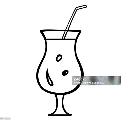 빨대와 큰 거품이 있는 유리 잔에 손으로 그린 칵테일이 흰색 배경에 고립되어 있습니다 낙서 아이콘 밀크쉐이크 블랙 스케치 장식 요소 벡터 일러스트 레이 션 감귤류 과일에