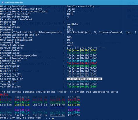 how to use ansi escape sequence color codes for psreadlineoption v2 in powershell console
