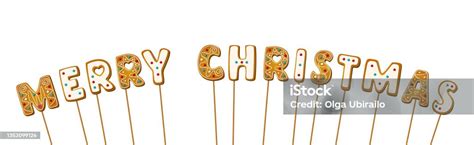 만화 스타일의 메리 크리스마스 문구와 막대기에 진저 브레드 쿠키 편지 흰색 배경에 고립 된 휴일 메시지의 달콤한 비스킷 벡터 일러스트레이션 12월에 대한 스톡 벡터 아트 및