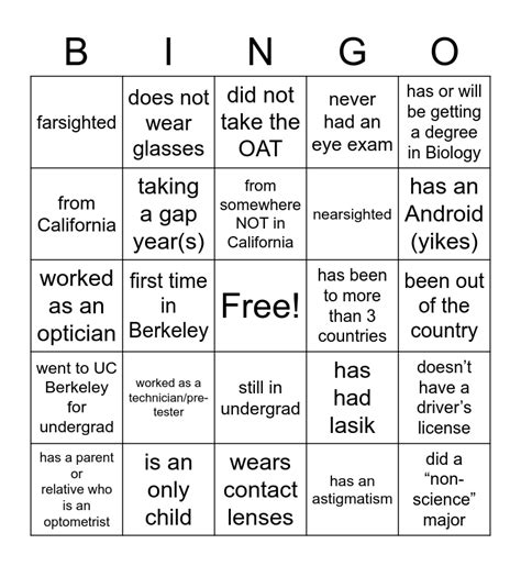 Optometry Bingo Card