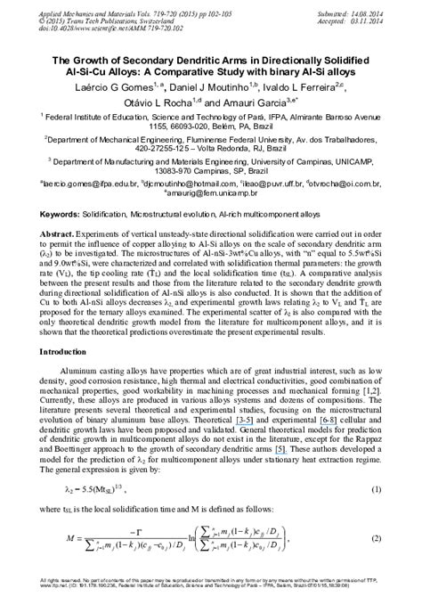 Pdf The Growth Of Secondary Dendritic Arms In Directionally Solidified Al Si Cu Alloys A