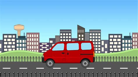 Bright Red Color Van Car Passing On Urban Building Background Simple