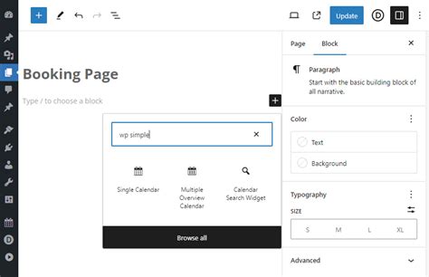 adding a single calendar to a page using gutenberg wp simple booking