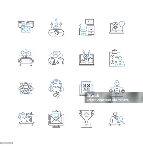 사무실 직원 라인 아이콘 모음입니다 관리 협업 커뮤니케이션 효율성 생산성 멀티태스킹 조직 벡터 및 선형 그림 책임 신뢰성 시간 엄수 개요 표지판 세트 결정에 대한 스톡 벡터