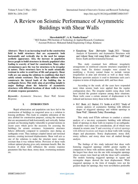 A Review On Seismic Performance Of Asymmetric Buildings With Shear Walls Download Free Pdf