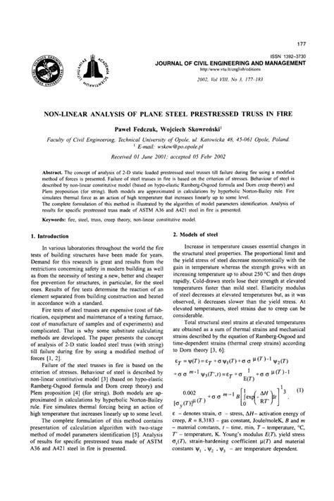 Pdf Non Linear Analysis Of Plane Steel Prestressed Truss In Fire