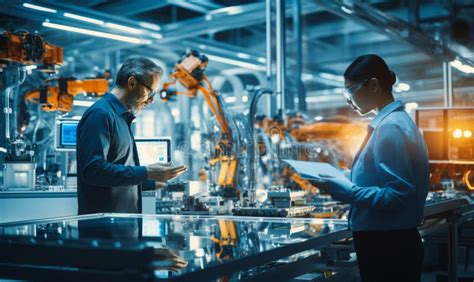 Futuristic Ai Driven Robotic Assembly Line Monitoring By Managers Stock Illustration