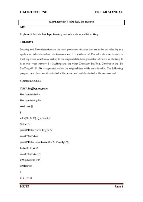 3cn Lab Manual Cse Computernetworks Experiment No 1a Bit