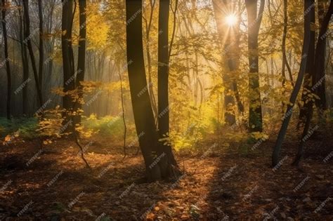 Free Photo Deciduous Leafy Trees In Forest With Golden Sunlight Atmosphere Generative Ai