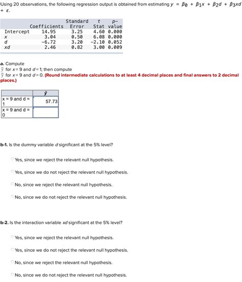 Solved Using 20 Observations The Following Regression