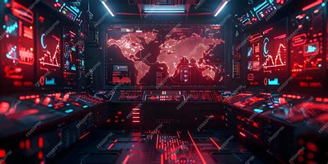 Advanced Global Monitoring Tech In Hightech Command Center With Glowing Red Interfaces Concept