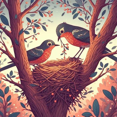A Drawing Of Two Birds In A Tree With A Bird Sitting On The Top Of It Premium AI Generated Image