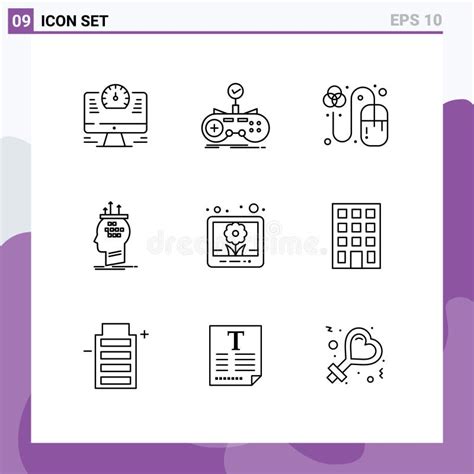 Modern Set Of 9 Outlines And Symbols Such As Thinking Conclusion Gaming Brain Grid Stock