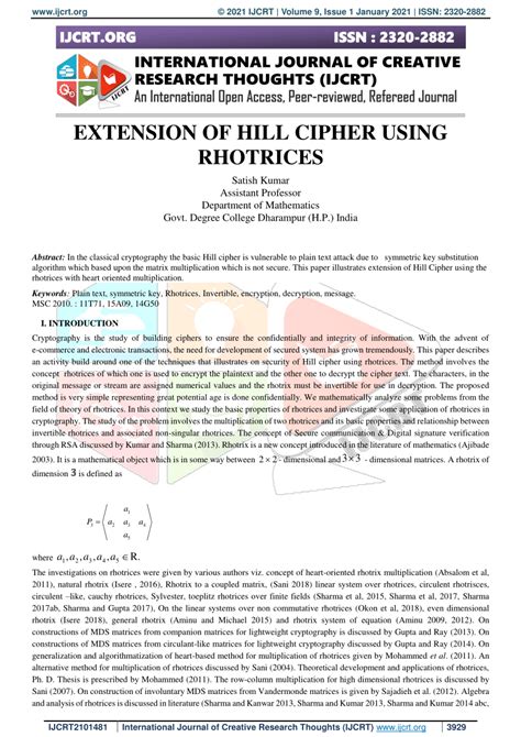 Pdf Extension Of Hill Cipher Using Rhotrices