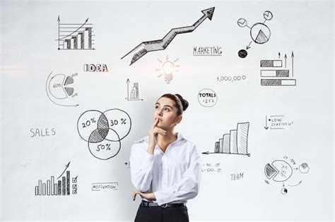 Premium Photo Business Data Analysis And Idea Concept With Pensive Woman On Light Wall With