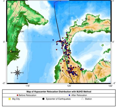 Map Of Hypocenter Relocation Before Red And After Blue With The Download Scientific Diagram