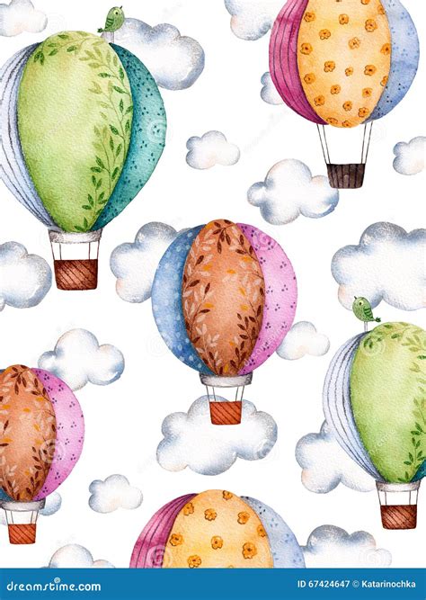 Aquarellmuster Mit Luftballonen Und Wolken In Den Pastellfarben Stock Abbildung Illustration