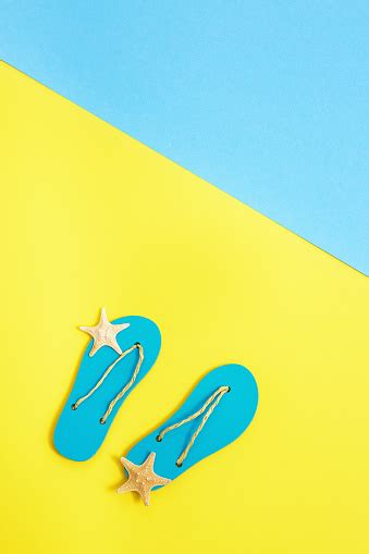밝은 종이에 플립 플롭과 작은 바다 별 여름 신발 해변 라운지 공간의 구성 미니어처의 플랫 레이 최소한의 스타일 공간을