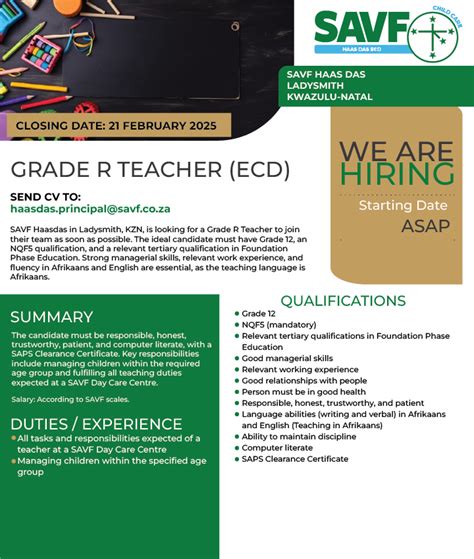 📢 Were Hiring Grade R Teacher Savf Kzn Social Services Facebook
