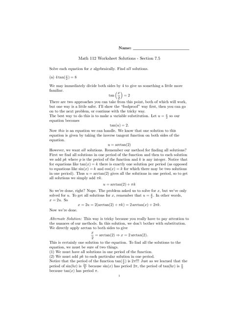 worksheet solutions elementary functions math 112 docsity