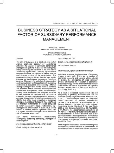 Business Strategy As A Situational Factor Of Subsidiary Performance Management Pdf
