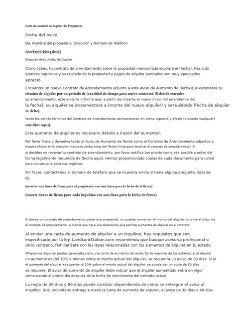 Carta De Aumento De Alquiler Modelo Pdf Propiedad