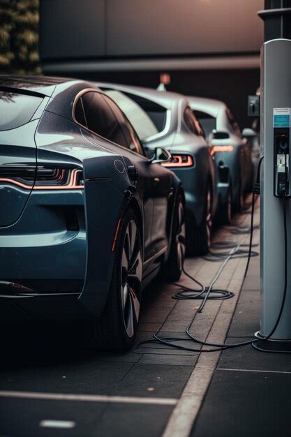 Imagem Gerada Por Ia De Carros Elétricos Estacionados Em Fila E Conectados A Pontos De Recarga