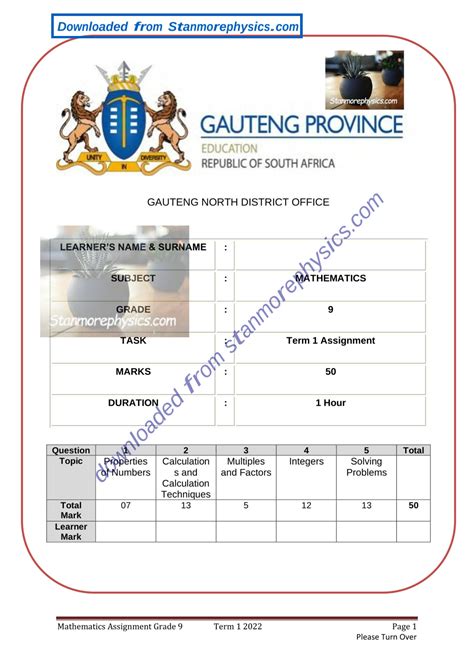 Solution Maths Grade 9 Assignment Gauteng Term 1 2022 Qp And Memo