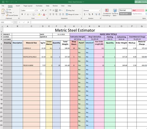 Metric Steel Estimating Spreadsheet Instant Download