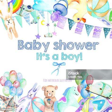 카드 템플릿 아기 소년 샤워 수채화 요소 와 프레임 테두리 손으로 흰색 배경에 그린 구에 대한 스톡 벡터 아트 및 기타 이미지