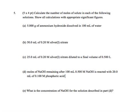 Solved 5 5 X 4 Pt Calculate The Number Of Moles Of Solute Chegg Com