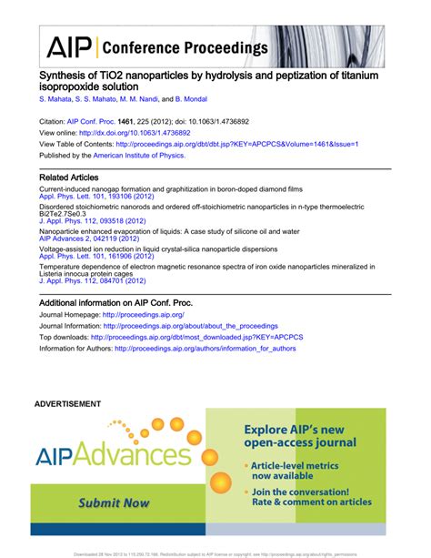 Pdf Synthesis Of Tio2 Nanoparticles By Hydrolysis And Peptization Of Titanium Isopropoxide