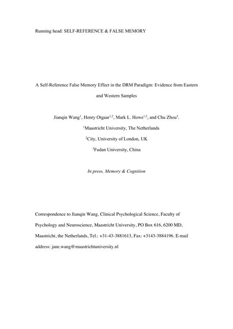 Pdf A Self Reference False Memory Effect In The Drm Paradigm Evidence From Eastern And