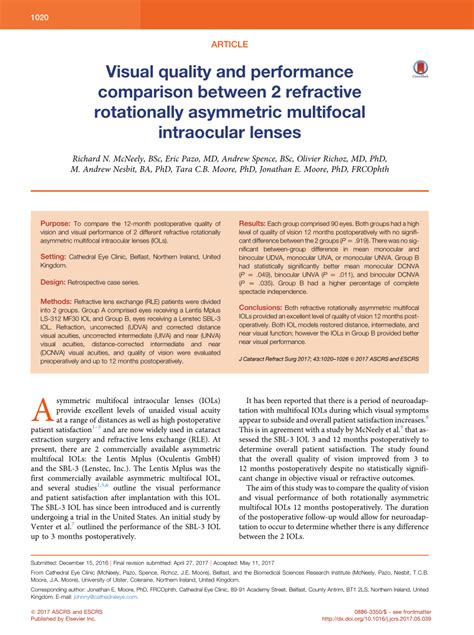 Pdf Visual Quality And Performance Comparison Between 2 Refractive Rotationally Asymmetric